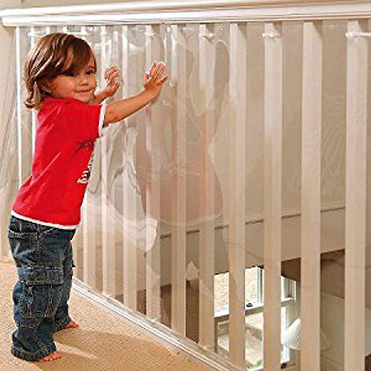 Kidkusion Indoor/Outdoor Banister Guard | Made in USA | Clear | 15' L x 33" H | Child and Pet Safety Barrier