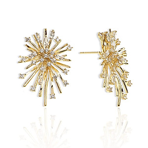 Sonateomber Firework Flower Big Gold Statement Stud Earrings for Women, Trendy Sparkly Rhinestone Cubic Zirconia Burnt Star Unique Hypoallergenic Wedding Bridal Fashion Jewelry Gifts