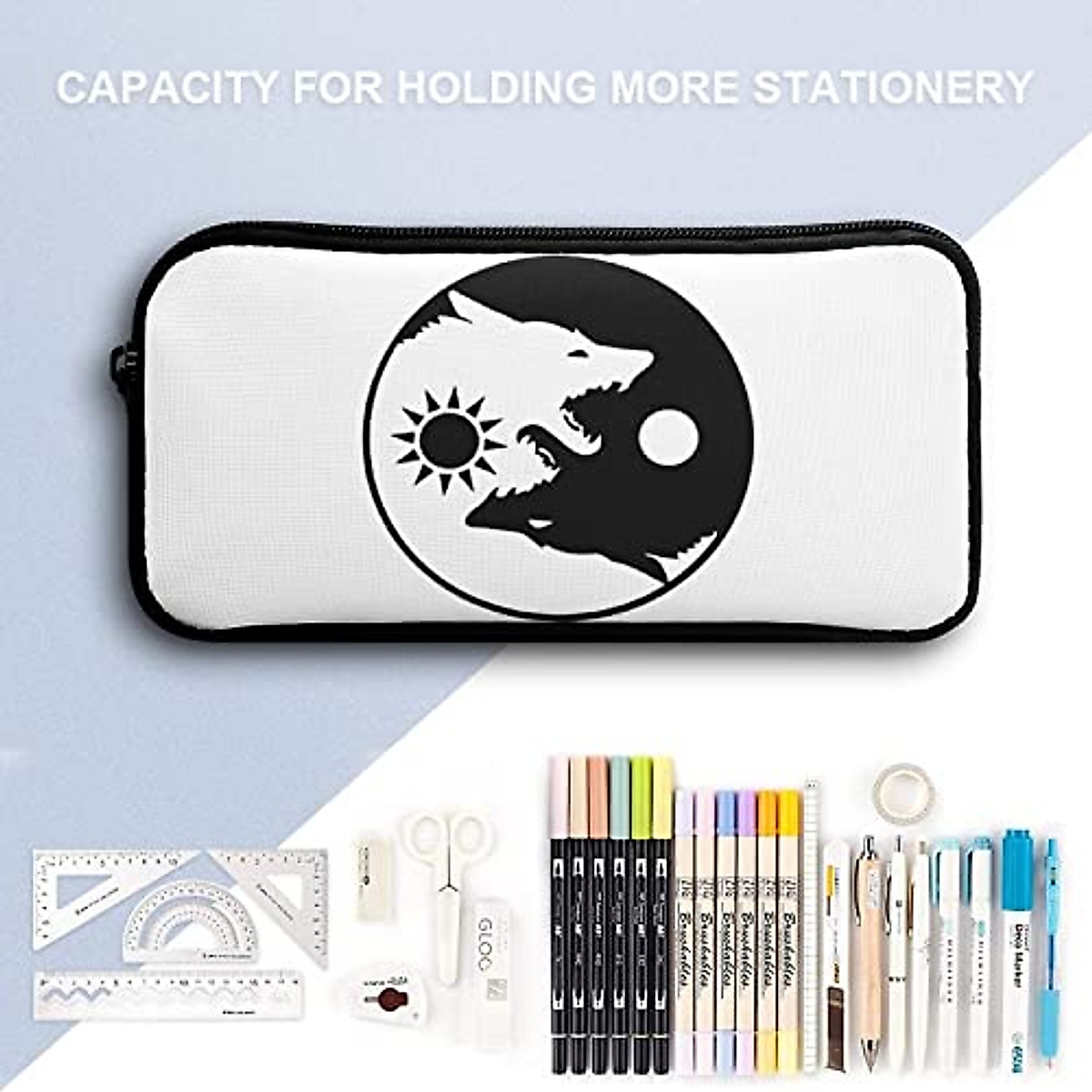Wolf Yin Yang Sun Moon Pencil Case Stationery Pen Pouch Portable Makeup Storage Bag Organizer Gift