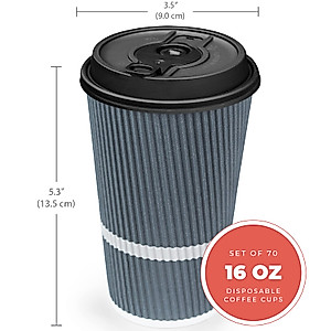 Glowcoast Disposable Coffee Cups With Lids - 16 oz To Go Coffee Cup (70 Pack). Large Travel Cups Hold Shape With Hot and Cold Drinks, No Leaks! Insulated Ripple Cups Protect Hands, No Sleeves needed!