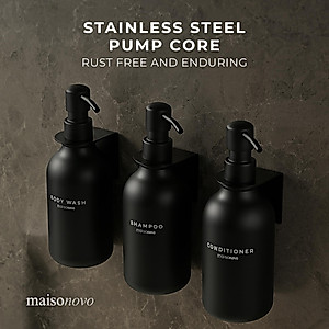 MAISONOVO Shampoo and Conditioner Dispenser with Wall Mounts - 5 Black Plastic Bottles with Black Pump and 2 Amber Bottles, No Drill, Easy Install, Ideal for Home, Office, or Commercial Use