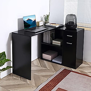 HOMCOM L Shaped Corner Computer Desk Workstation with Rotating Storage Shelves and Drawer for Home & Office, Black