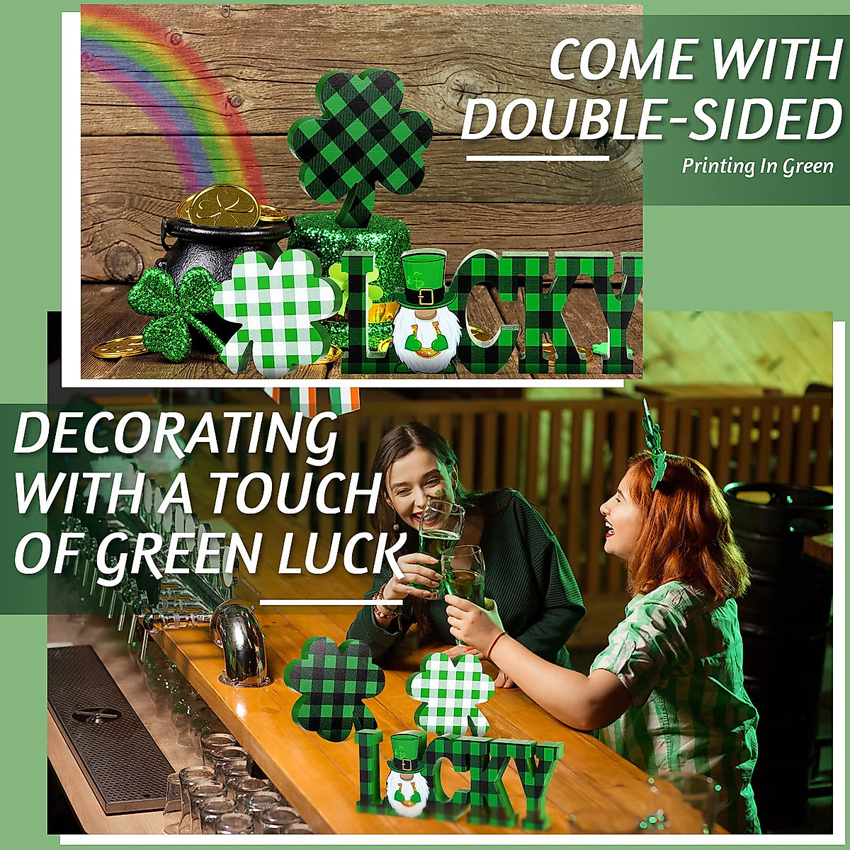 3 Pieces St. Patrick's Day Table Wooden Signs, Shamrock Tiered Tray Decor Lucky Table Decor Irish Freestanding Tray Tabletop Decorations for Home Decor Party Decoration