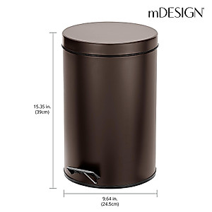 mDesign Metal/Steel 3.2 Gallon/12 Liter Round Step Trash Can with Lid, Foot Pedal Waste Basket, Garbage Bin with Removable Liner Bucket; for Bathroom, Office; Holds Trash, Recycling - Bronze