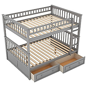 Full Over Full Bunk Bed with 2 Storage Drawers, Wooden Bunk Bed Frame with Guardrails and Ladders for Kids Teens Adults, Can be Convertible into 2 Beds (Bunk Beds Full Over Full, Gray)