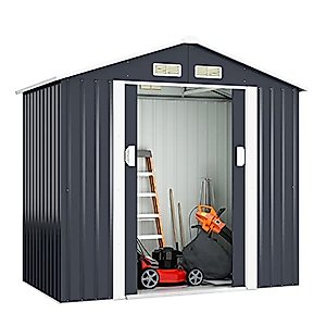 HOGYME 7' x 4.2' Metal Outdoor Storage Shed, Galvanized Steel Garden Shed & Outdoor Storage Suitable for Lawn Mower Bike, Backyard Tool Shed with Lockable/Sliding Door and Stable Base, 4 Vents, Gray