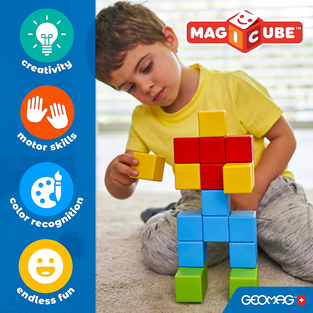 Swiss-Made MagiCube, 1.57in Large Magnetic Blocks, Safety Tested, Non-Toxic, Smooth Edges, Gifts for 3 4 5 6 Year Old, Magnet Toy Building Blocks, Toddlers, Girls & Boys, Sensory STEM, Preschool Toys