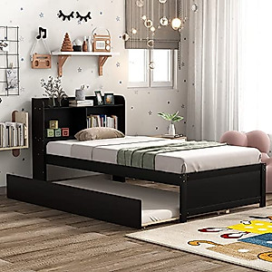 ERDAYE Twin Size Platform Bed Sets with Pull Out Trundle & Bookcase, Solid Wood Bedframe with Storage Shelves for Boys and Girls Bedroom Furniture Daybed, Space Saving Design, Espresso