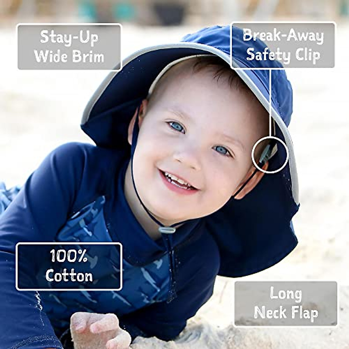 JAN & JUL Adjustable Adventure Baby Sun Hat for Boy Large Brim (M: 6-24 Months, Navy: Navy Trim)