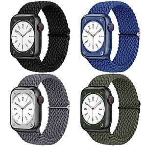 DaQin 4 Pack Braided Solo Loop Bands Compatible with Apple Watch Band 38mm 40mm 41mm Women Men, Adjustable Stretchy Nylon Bands Elastic Sport Wristbands for iWatch Series 10 9 8 7 6 5 4 3 2 1 SE Ultra