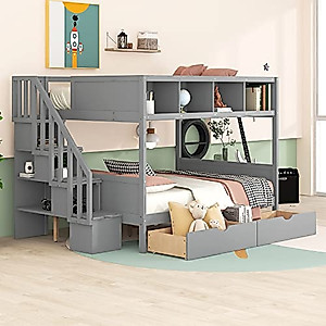 BOVZA Twin Over Full Bunk Bed with Storage Shelves, 2 Drawers and Staircase, Wood Bunk Bed Frame for Kids Teens Adults, Gray