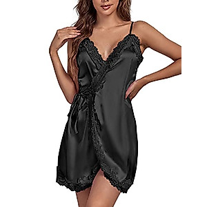 LYANER Women's Satin Lace Trim Babydoll Spaghetti Strap Wrap Tie Chemise Sleepwear Mini Dress Black Small