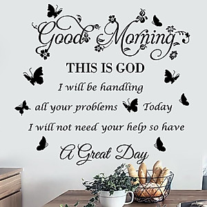 Bible Verse Wall Stickers Inspirational Quote Good Morning This is God Wall Decals Religious Wall Stickers Flower Butterfly Wall Decal for Bedroom, Living Room Office Bathroom Wall Decoration.