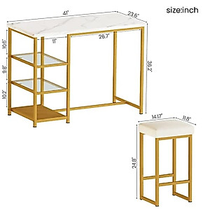 DKLGG 3-Piece Dining Table Set, Counter Height Pub Table with 2 Upholstered Bar Stools/Chairs, Small Space Faux Marble Bar Tabletop Storage Shelves, Breakfast Nook, Gold