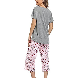 ENJOYNIGHT Womens Pajama Sets Cotton Pj Set Short Sleeve Top With Capri Pants Sleepwear 2 Piece Lounge Set(Large,Grey-Ladybug)