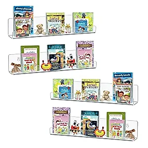 ECOSEAO Kids Floating Bookshelves, Acrylic Wall-Mounted 13.7 inches 4 Pack, Clear Invisible Wall Bookshelves Ledge Book Shelf, 5MM Thicker with Free Screwdriver (13.7inch-4Packs)