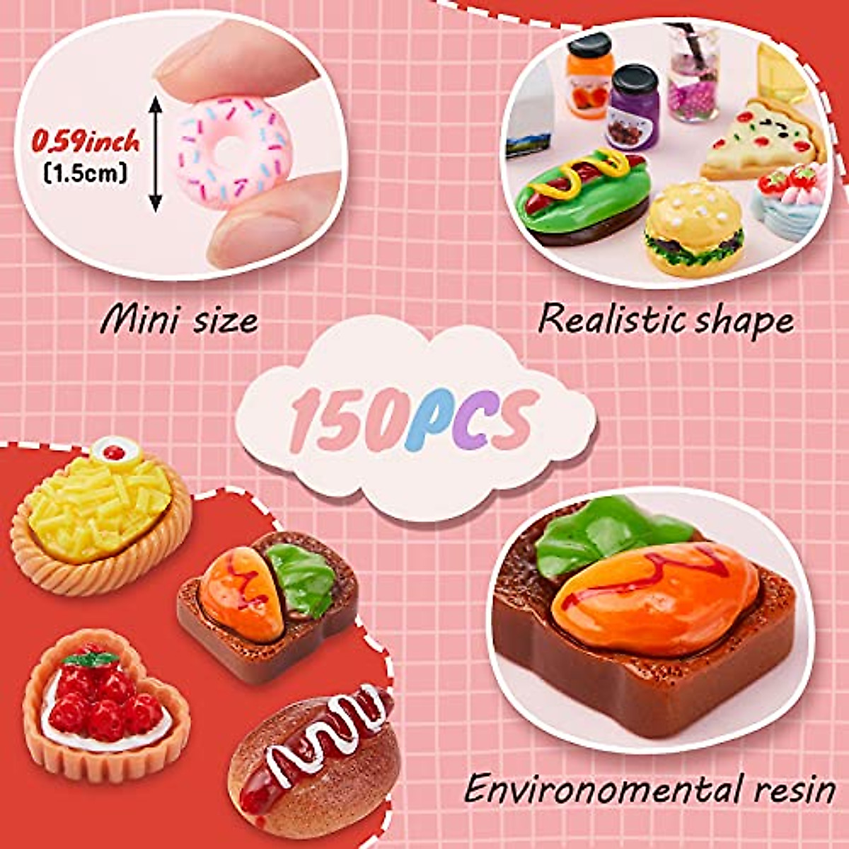150 Pieces Miniature Food Dollhouse Miniature Food Drink Bottle Toy Assorted Pretend Foods Dollhouse Accessories Mixed Resin Kitchen Food Toy Hamburger Cake Ice Cream Pizza Bread for Adults Teenagers