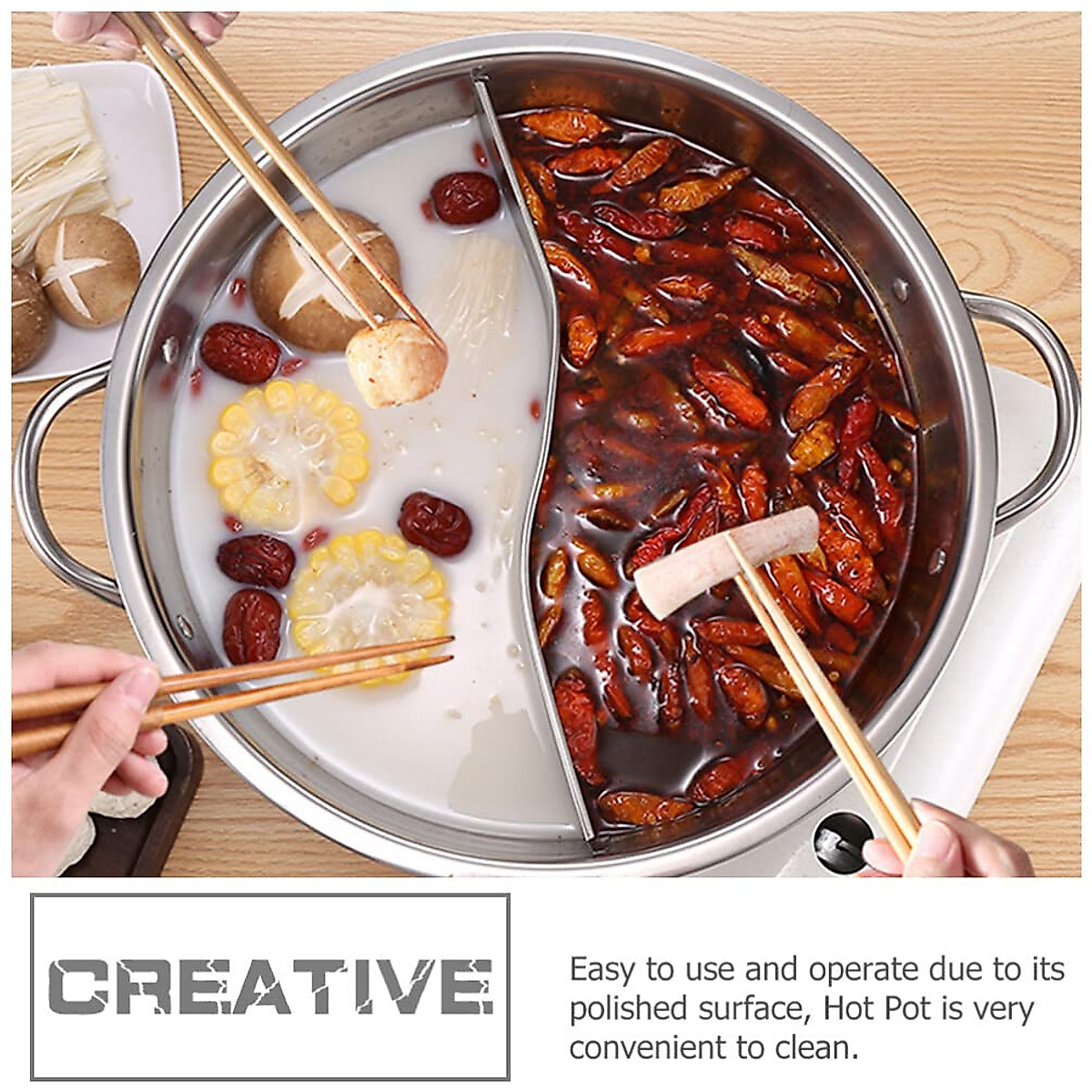 Cabilock Nonstick Frying Pan Double Flavor Hot Pot with Divider Stainless Steel Dual Sided Hot Pot Pan Household Divided Stock Pot for Induction Cooktop Gas Stove - 32cm Non Stick Frying Pans