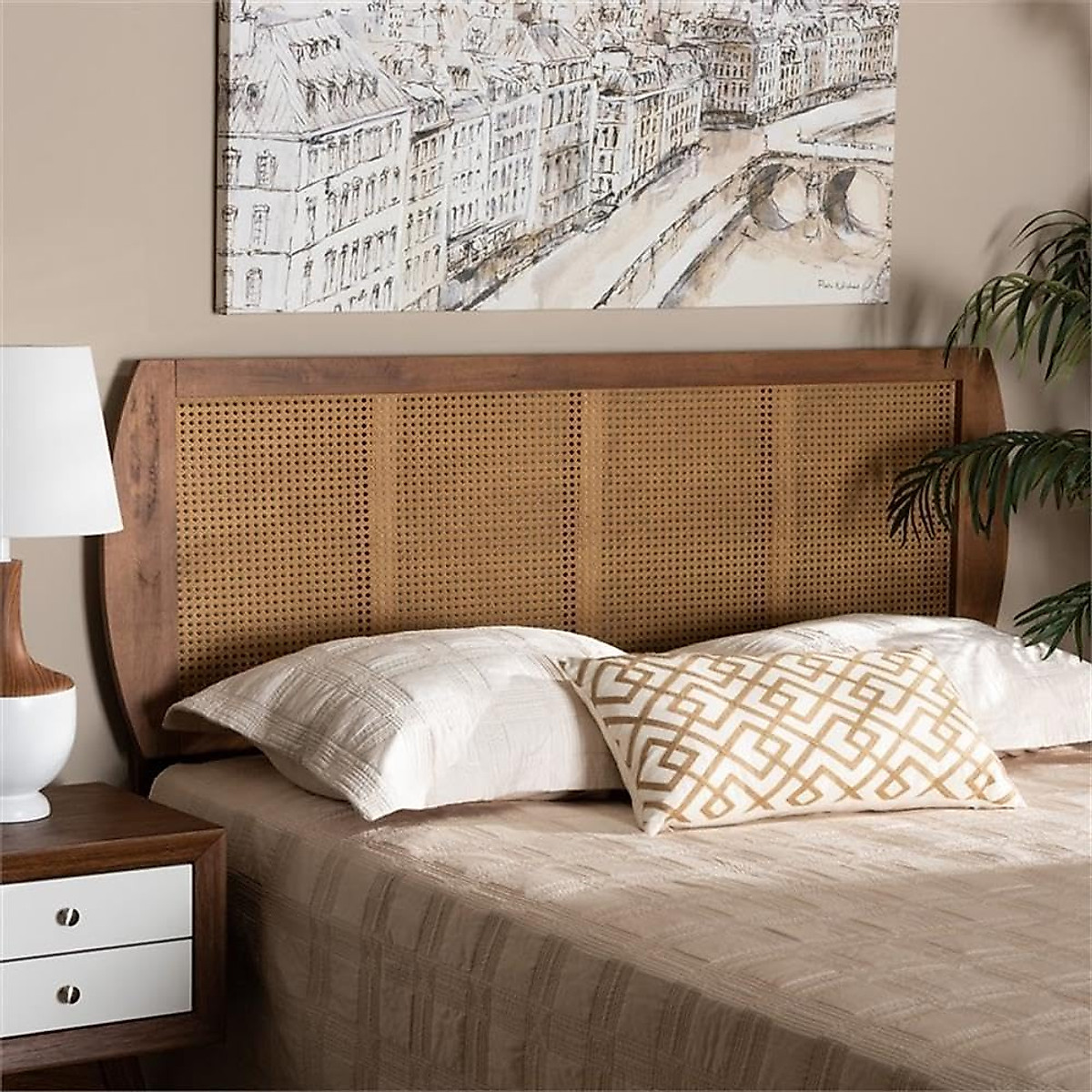 BOWERY HILL Mid-Century Rattan Queen Size Headboard in Walnut