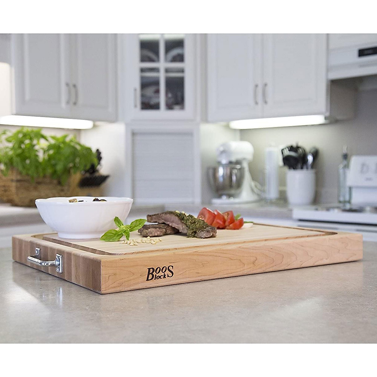 John Boos Block RAFR2418 Reversible Maple Edge Grain Cutting Board with Juice Groove and Chrome Handles, 24 Inches x 18 Inches x 2.25 Inches