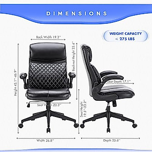 COLAMY Ergonomic Office Chair, Executive Desk Chair, Leather Office Chair with Padded Flip-up Arms, Adjustable Height Swivel Rolling Work Chair-Black