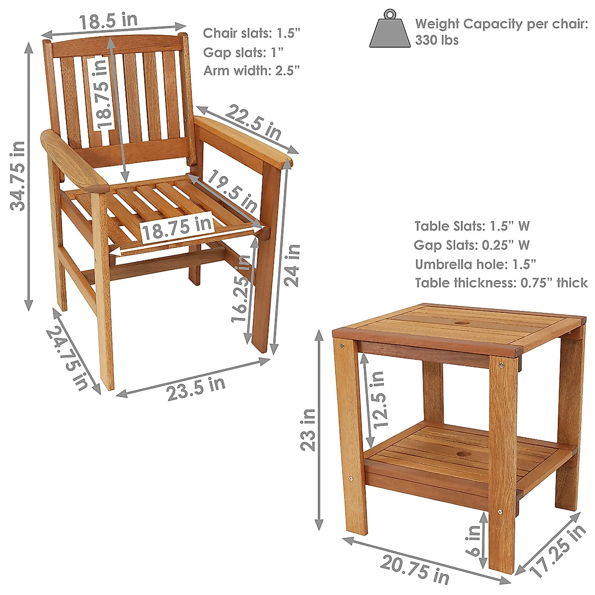 Sunnydaze Meranti Wood 3-Piece Outdoor Patio Conversation Set - 2 Chairs and 1 Table - Teak Oil Finish