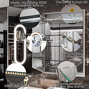 24 x 36 Lighted Medicine Cabinet with Mirror, Front & Backlit led Medicine Cabinet, Clock Temp Display, Defog,10x Magnifier, 3 Colors Temper Dimmable, Surface or Recessed Mount, Hinge on The Right