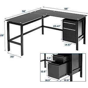 Greenvelly Black L Shaped Office Computer Desk with Storage Drawers, 56” Metal Black Home Desk with Tempered Glass Top, Modern Study Writing Table for Workstation (Metal Steel Frame)