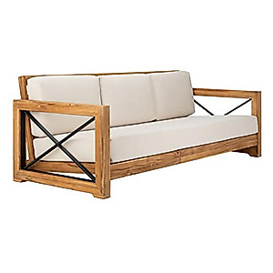 Safavieh CPT1010A Couture Curacao Brazilian Teak Outdoor 3-Seat Patio Sofa, Natural/White