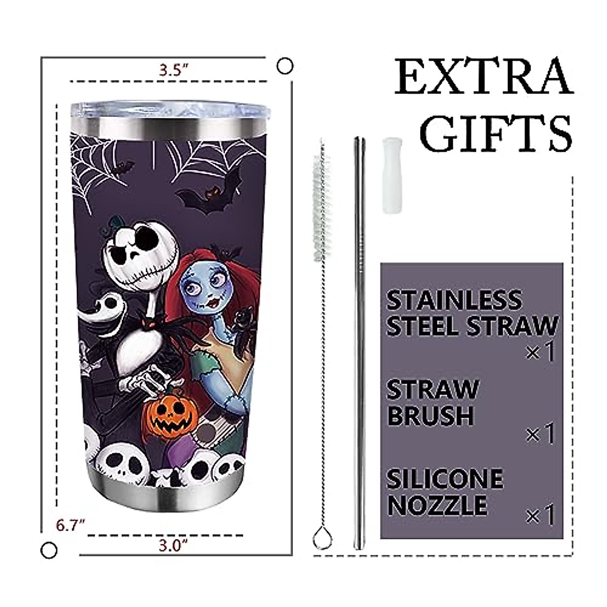 Zzkol Halloween Jack Sally Tumbler with Lid and Straw, Night. m are be. Fore Xmas Spooky Pumpkin Stainless Steel Travel Coffee Cup, 20oz Fall Autumn Double Wall Vacuum Insulated Mug Halloween Gifts