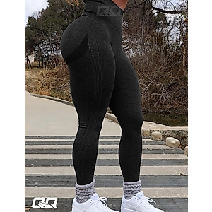 QOQ Women High Waist Workout Leggings Seamless Butt Lift Scrunch Booty Yoga Pants Vital Tummy Control Compression Tights Black XXL