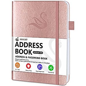JXSELECT Elegant Address Book with Alphabetical Tabs, Hardcover Address Log Book & Password Keeper, with Contacts, Phone Numbers, Birthdays, Anniversaries and Notes Section (5.2x7.7") (Rose Gold)