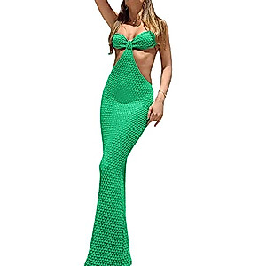 Fladdswed Women Summer Sexy Dresses Sleeveless Backless Bodycon Cutout Strap Dress Casual Party Y2K Mixi Long Streetwear (Green-E-Cutout, L)