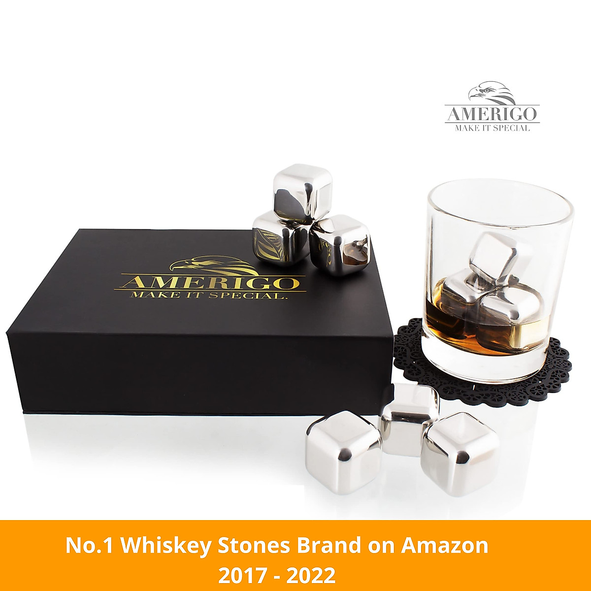 𝗕𝗘𝗦𝗧 𝗚𝗜𝗙𝗧: Exclusive Whiskey Stones Gift Set - High Cooling Technology - Reusable Ice Cubes - Stainless Steel Whisky Rocks - Whiskey Gifts for Men - Regalos para Hombre - Coasters + Ice Tongs