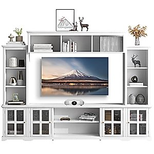 YISUYA Minimalism Style Entertainment Wall Unit with Bridge, TV Stand, Modern TV Console Table for TVs Up to 70”, Multifunctional TV Stand with Tempered Glass Door, Multifunctional TV Stand, White