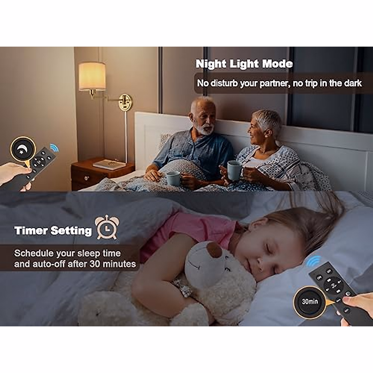 Plug in Wall Sconces with Remote Control, Dimming 10%-100% & Adjustable Colors 2700K-6500K, Hardwire or Plug-in, Swing Arm Wall Lamp with White Fabric Shade, Wall Sconces Set of Two, Gold Finish