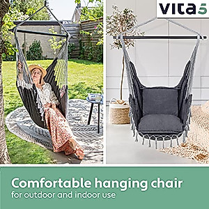 VITA5 Hanging Chair Outdoor & Indoor- Sturdy & Safe Hammock Chair - Stylish Boho Hanging Chair for Bedroom Decor - Easy to Assemble Hammock Swing - Comfy Padded Hanging Swing - Swinging Chair