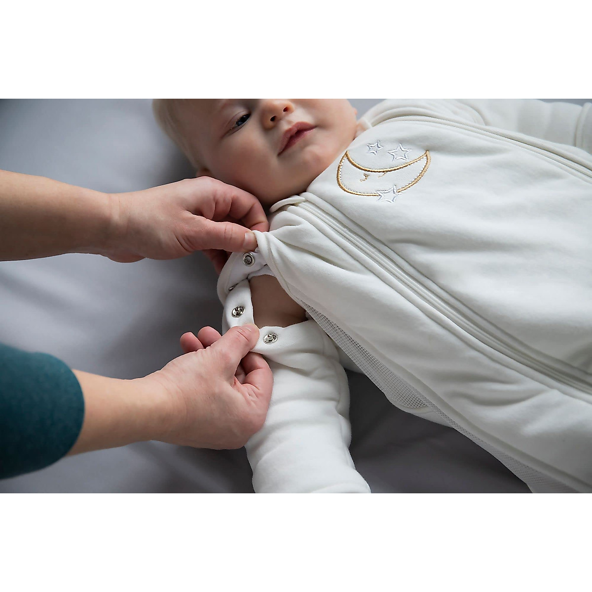 Baby Brezza 2-in-1 Double Zipper Baby Sleepsuit - Unique Swaddle Transition Sleepsuit - Breathable with Mesh Panels - Converts from Sleepsuit to Sleep Vest, 3-6 Months, Cream