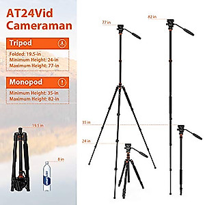 GEEKOTO Video Tripod Fluid Head,Professional Camera Tripod for DSLR,Monopod Aluminum 77" for Video Camcorder Canon Nikon Sony with 1/4" Screws Fluid Drag Pan Head,Load Capacity up to 20 Pounds