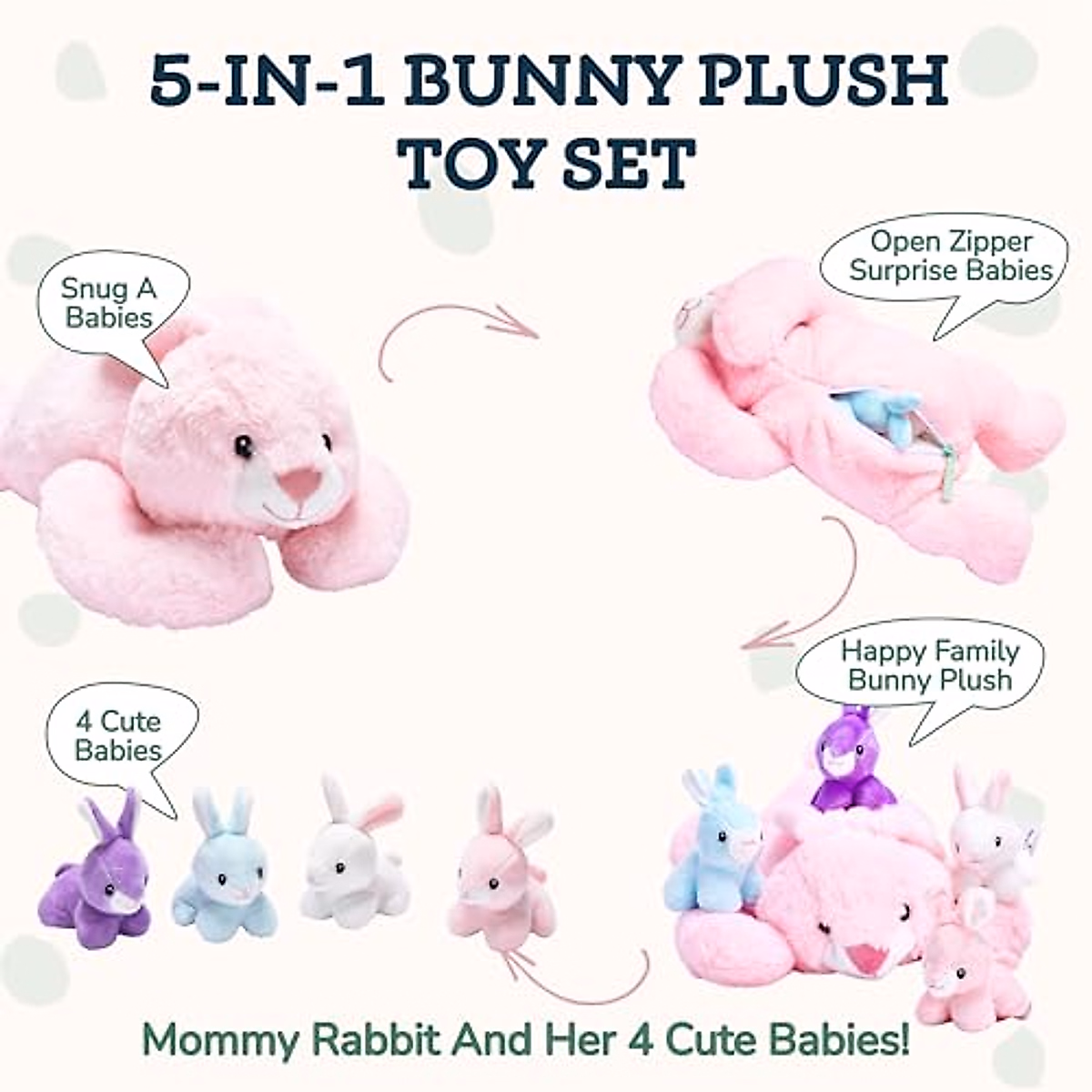 Snug A Babies Bunny Stuffed Animals with Babies Inside - Mommy and 4 Baby Rabbit Plushes for Imaginative Play - Soft Cuddly Companion for Kids - Stuffed Animals for Girls Ages 3 to 8 Years