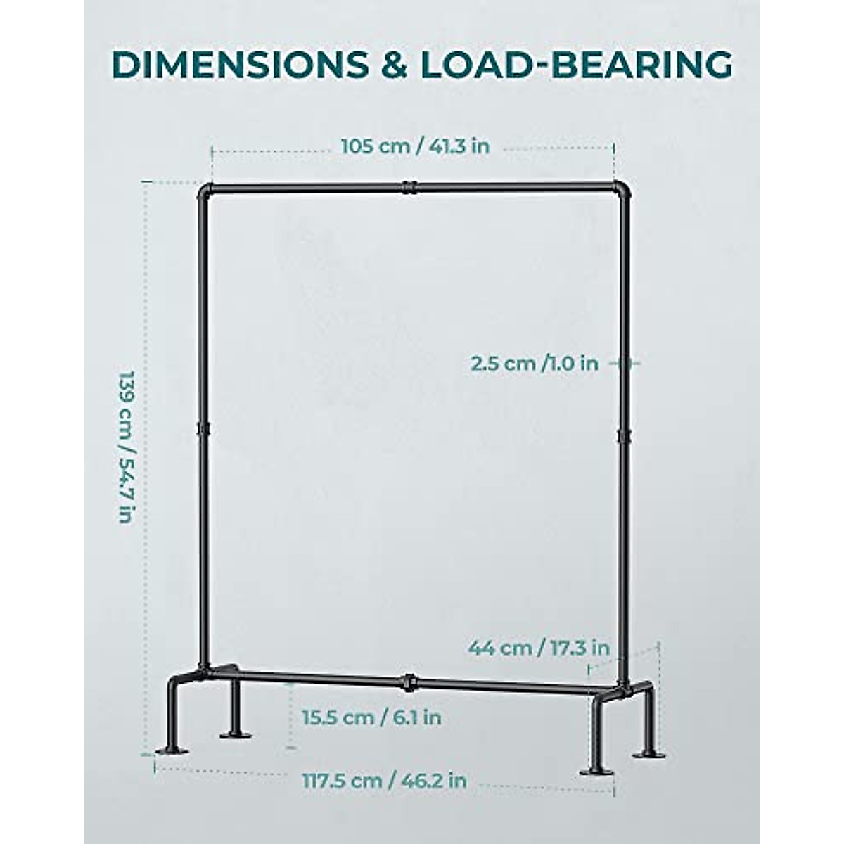 OROPY Industrial Pipe Clothing Rack Free Standing, Heavy Duty Detachable Clothes Rack with 4 Stable Feet for Garment Storage Display, Black