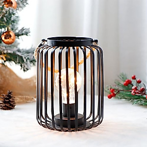 JHY DESIGN 7.5" High Metal Cage Decorative Lamp Battery Powered Cordless Warm White Light with LED Edison Style Bulb Great for Weddings Parties Patio Events Indoors Outdoors with Hemp Rope Handle