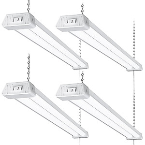 LEONLITE 4 Pack 4FT LED Shop Light, Linkable Utility Shop Lights, 40W, 5000K Daylight for Garages, Workshops, Hanging or FlushMount Linear Worklight Fixture with Power Cord with Pull Chain Switch