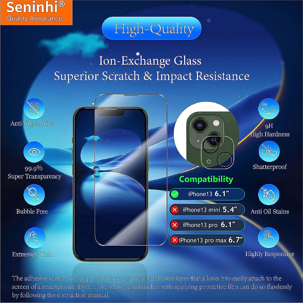 Seninhi [3+3Pack] for iphone 13 (6.1inch) Screen Protector 3Pack + Camera Lens Protector 3Pack, Tempered Glass Screen Protector [With Easy Installation Frame] [9H Hardness] [Anti-Scratch] [Bubble