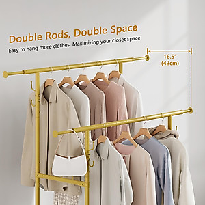 Gewudraw Double Rod Garment Rack, Heavy Duty Rolling Gold Clothes Rack with Wheels For Hanging Clothes,Portable Metal Clothing Rack with Shelves, 64.2inch Chrome