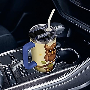 LLUTSNTH 40 Oz Vacuum Tumbler with Deep Blue Handle Leakproof Insulated Tumbler Owls Birds Stainless Steel Travel Mug with Lid And Straw Coffee Cup Cute Water Bottles Cup Holder Friendly