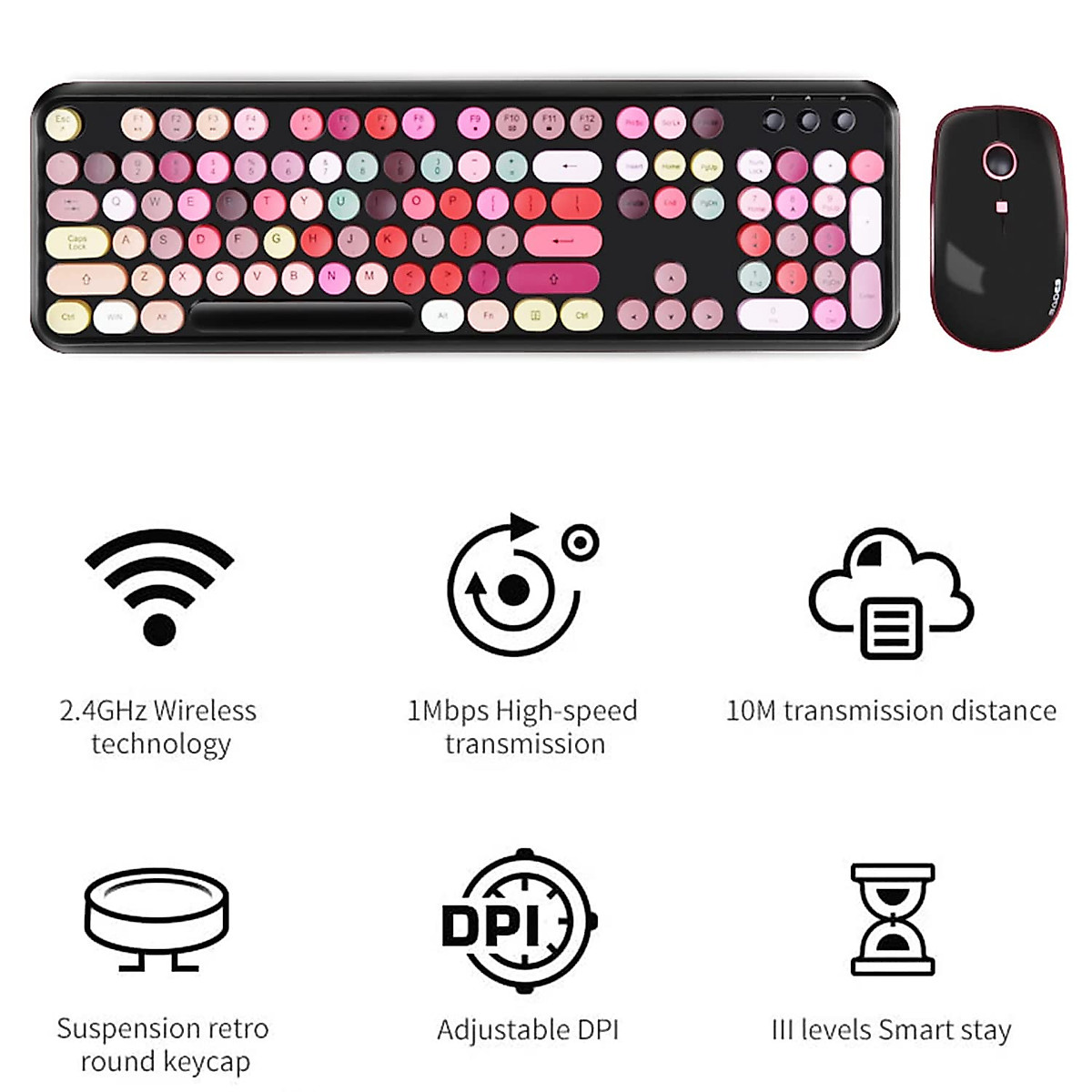 FOPETT Keyboard and Mouse Sets, Wireless, Reliable 2.4 GHz Connectivity for PC,Laptop,Smart TV and More (Black Colorful)