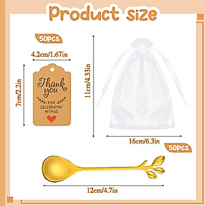 Dandat 50 Sets Wedding Tea Spoon Favor Bulk Include Leaf Coffee Spoon Gold Creative Tableware Dessert Spoons Stainless Steel Demitasse Spoons Mini Bags Labels for Baby Shower Party Bridal Shower Gift