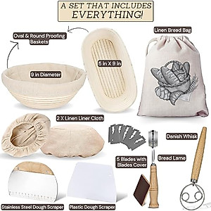 ECOMERR 9” Banneton Bread Proofing Basket - Set of 2 Round & Oval Rattan Proofing Baskets for Sourdough Bread Baking with Bread Lame + Steel & Plastic Dough Scraper + Linen Liner Cloth + Dough Whisk