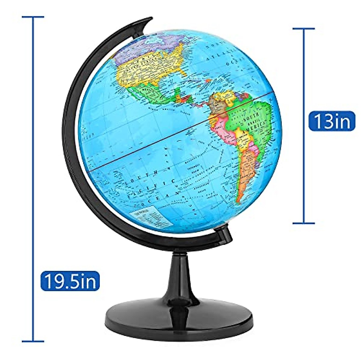 World Globe with Stand, 13" Desk Classroom Decorative Globe for Students & Geography Teachers, 360° Horizontal Rotation, Full Length 19.7 inch World Globe Map with Clear Text Markings, Blue